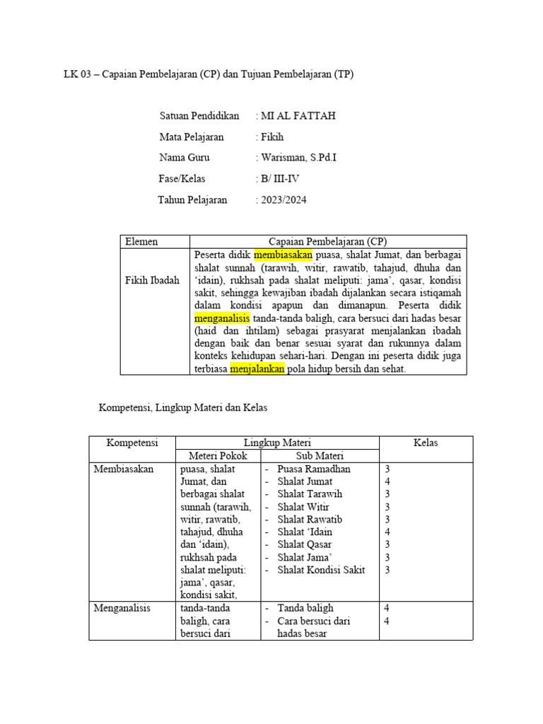 LK 03 - Contoh Capaian Pembelajaran (CP) Dan Tujuan Pembelajaran (TP) | PDF