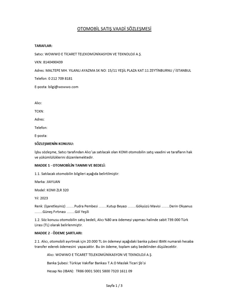 Otomobil Satis Vaadi Sozlesmesi | PDF