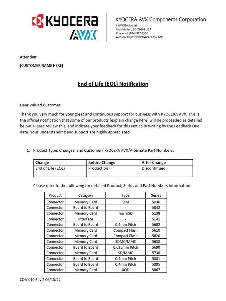 Kyocera KAVX Connector EOL Notice 20220826 | PDF | Electrical Connector ...