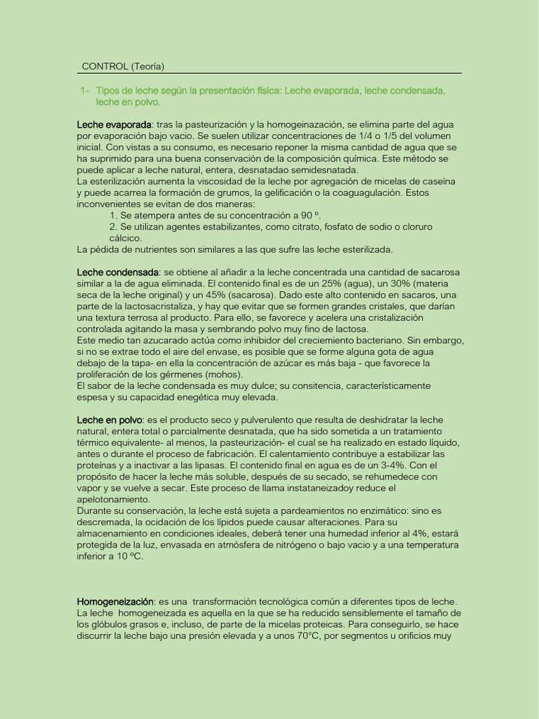 Control (teoria) para repasar | PDF | Leche | café