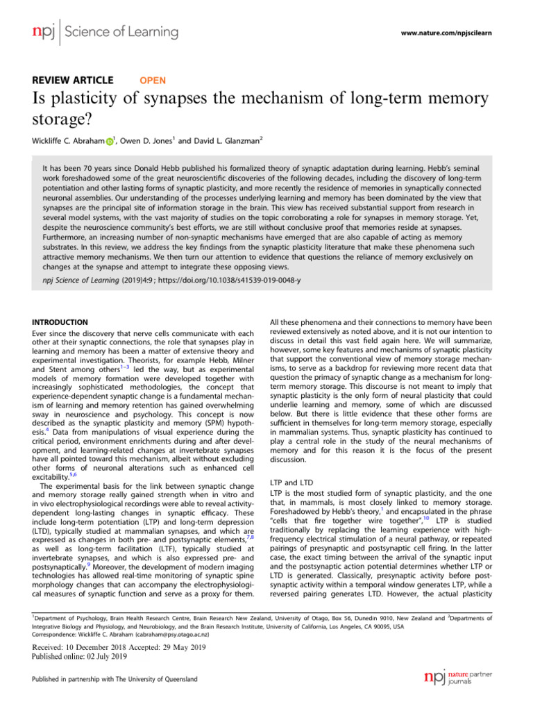 Abraham 2019 | PDF | Long Term Potentiation | Synaptic Plasticity
