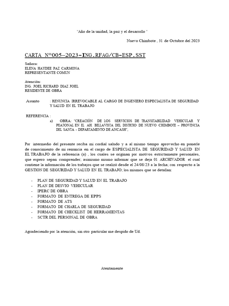Carta Renuncia Esp. Seguridad | PDF | Negocios