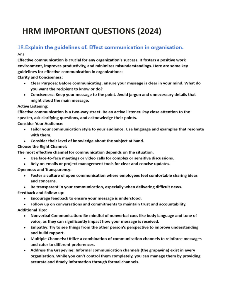 HRM Question Bank Ia2 Ans | PDF | Human Resources | Employment