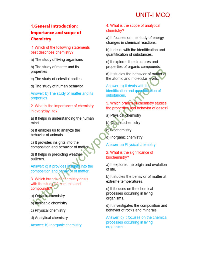 Click Here To Download - Unit-1 Some Basic Concepts of Chemistry MCQ | PDF | Chemistry ...