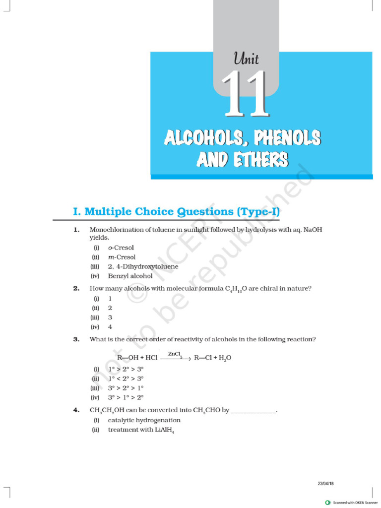 Chemistry 7 Alcohols, Phenols and Ethers Ncert | PDF