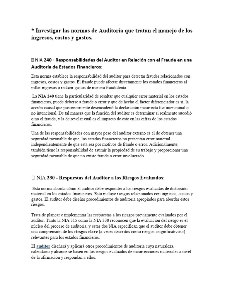 Investigar Las Normas de Auditoría Que Tratan El Manejo de Los Ingresos-Auditoria 3 | PDF ...