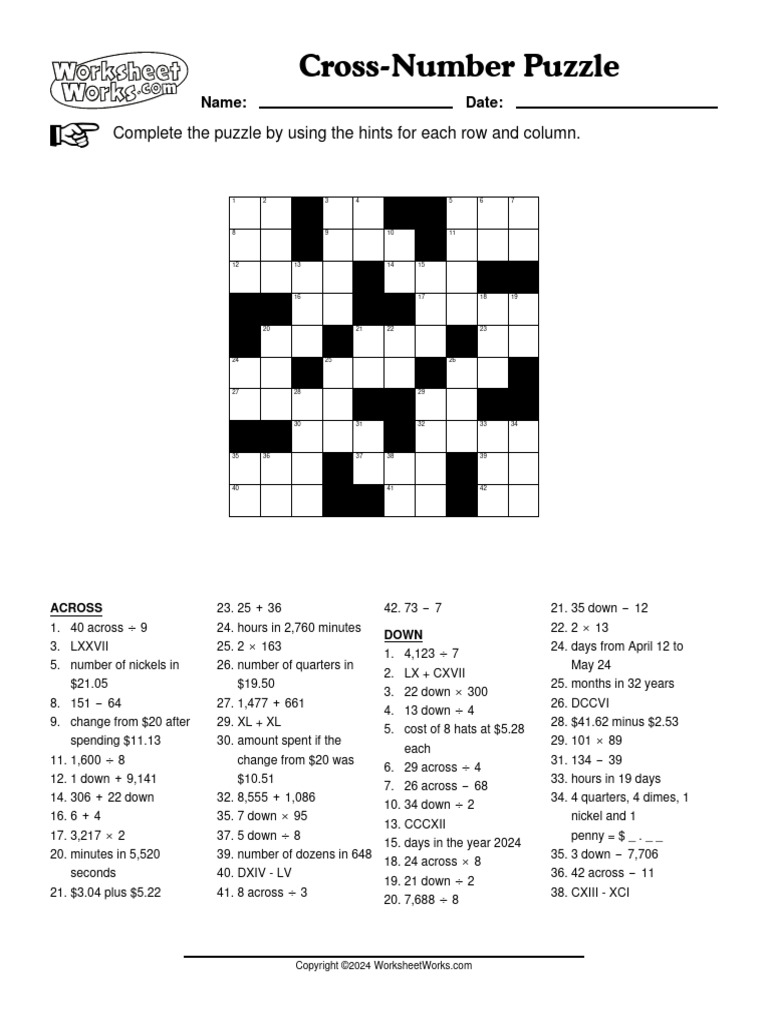 WorksheetWorks CrossNumber Puzzle 1 | PDF