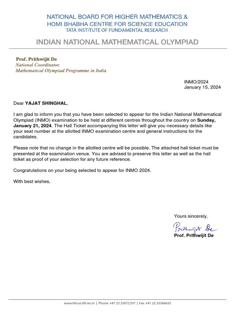 INMO 2024 Exam Details and Instructions | PDF