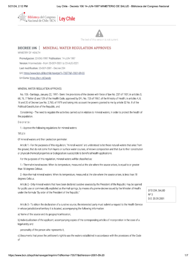 Chile Decree 106_1997 Mineral Water Guidelines | PDF