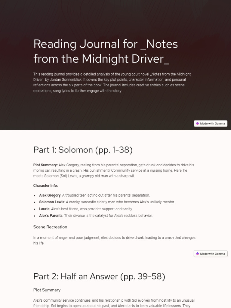 Reading Journal for Notes From the Midnight Driver | Download Free PDF ...
