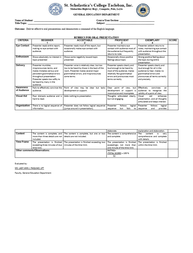Rubrics For Oral Presentation - Reporting | PDF | Cognitive Science | Human Communication