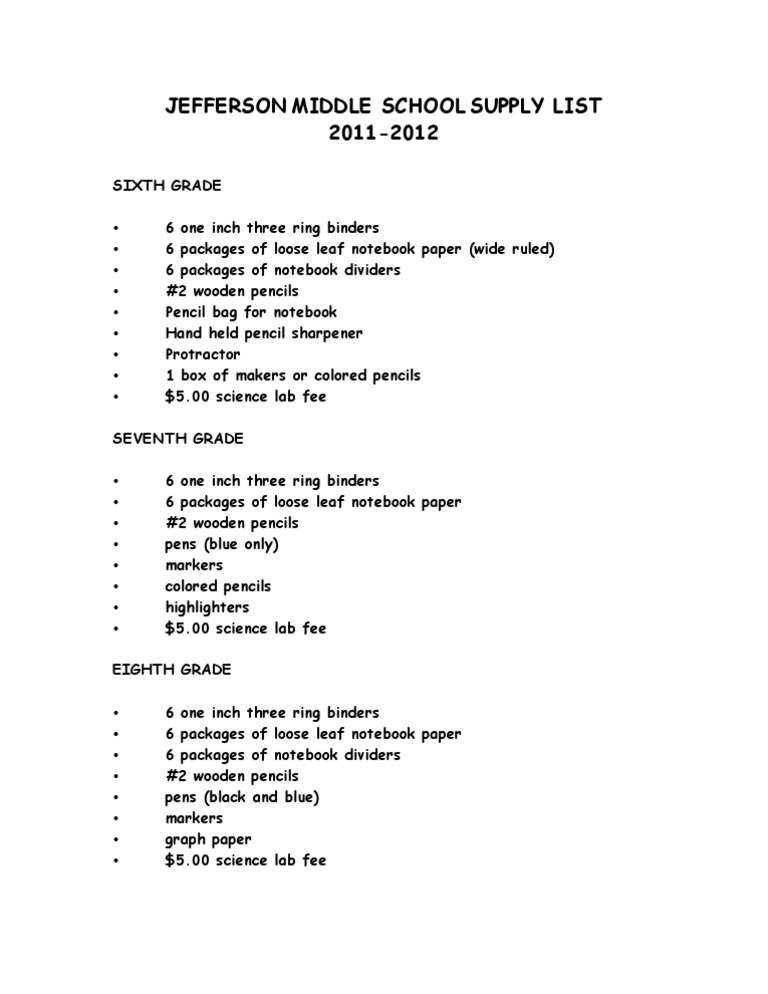 Jefferson Middle School Supply List 2011-2012 | PDF | Home & Garden