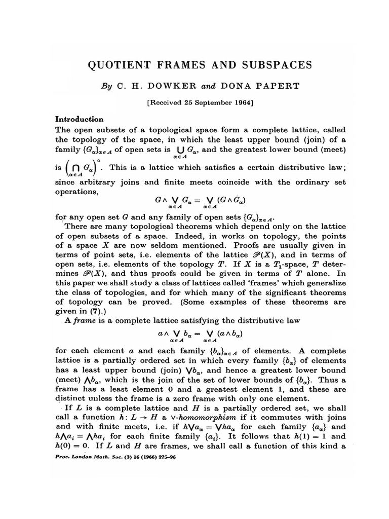 Quotient Frames and Subspaces (C. H. Dowker, Dona Papert, 1966, 275-296) | PDF | Teaching ...