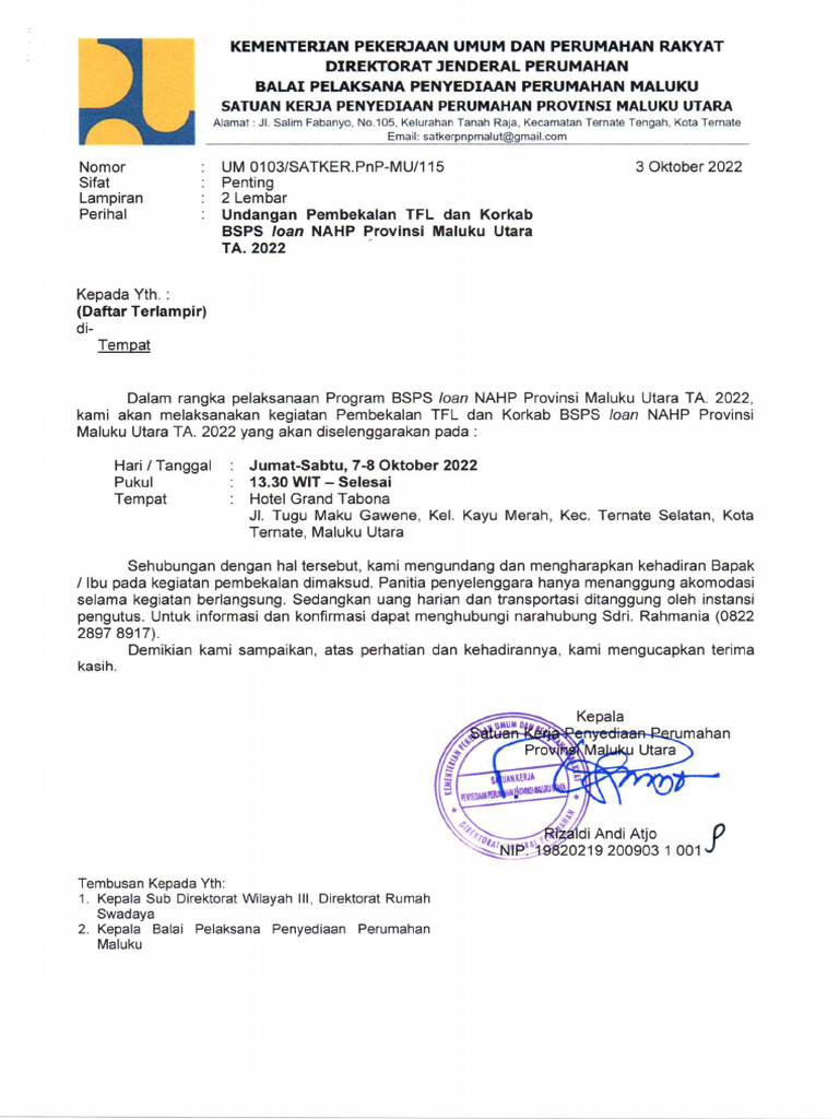 Surat Undangan Pembekalan TFL KORKAB BSPS NAHP | PDF