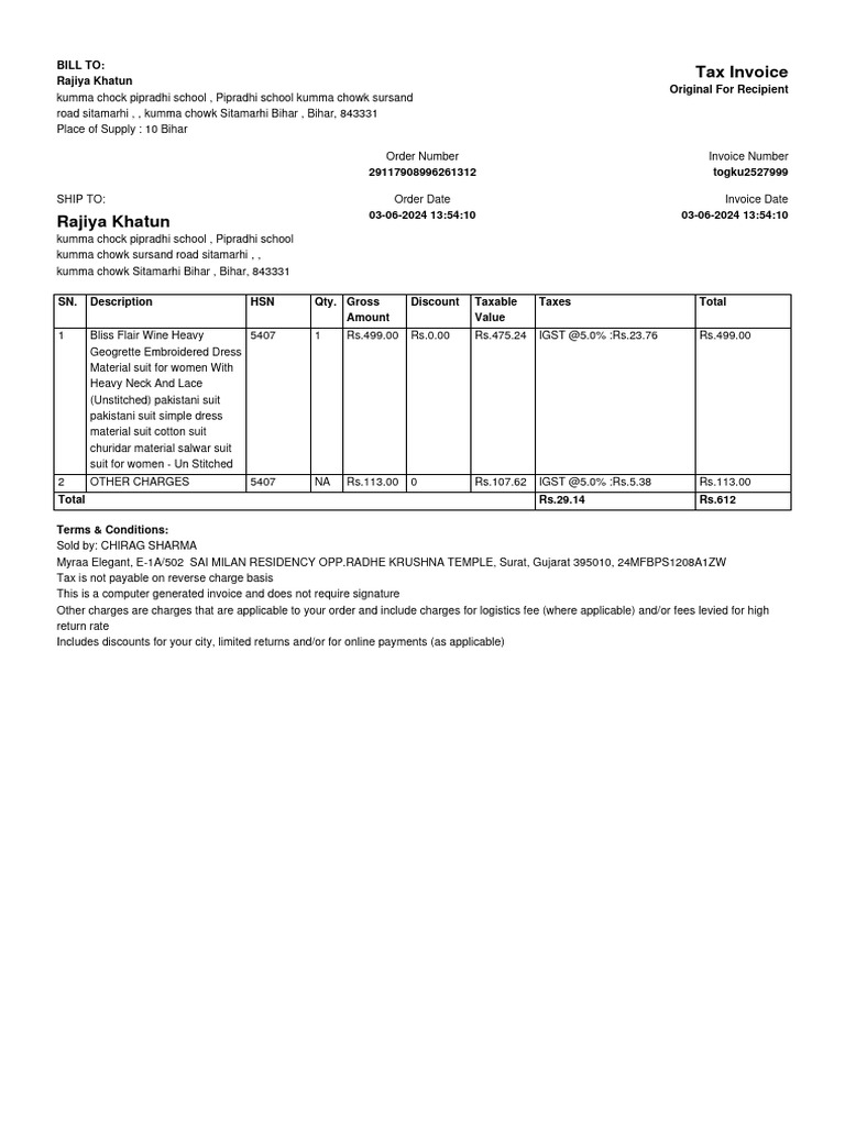 Invoice for Women's Dress Material | PDF | Invoice | Public Finance