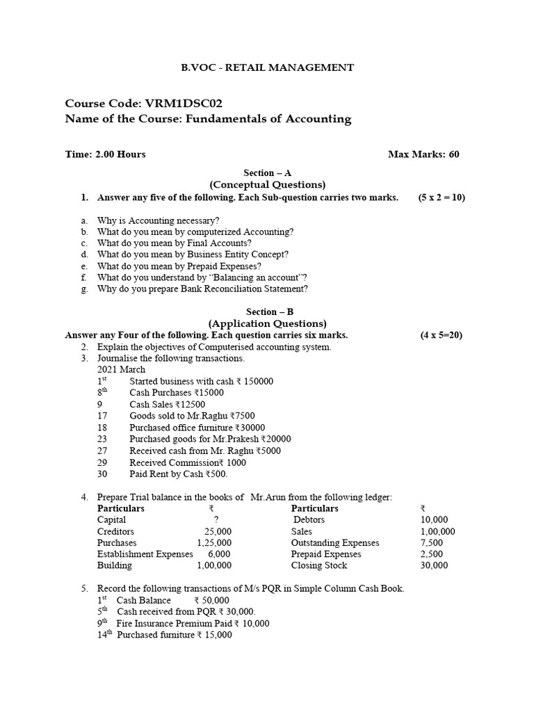 Fundamentals of Accounting Model Question Paper | Download Free PDF ...