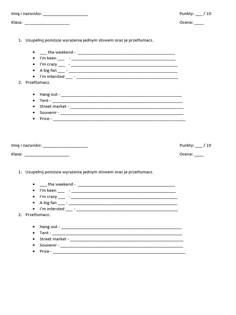 Kartkówka Unit 1 Klasa 7 | PDF