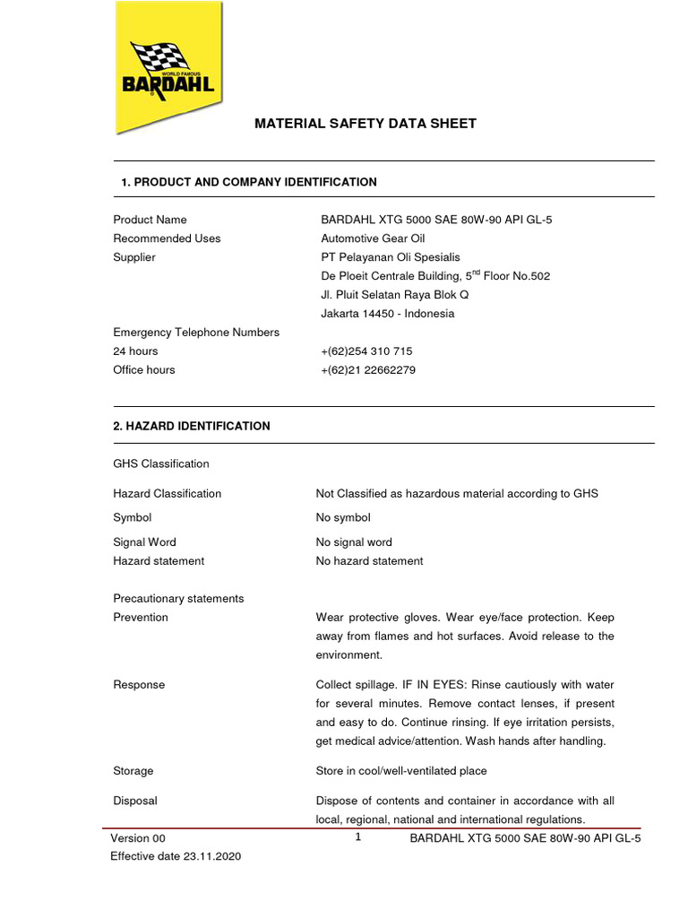 Msds - Bardahl XTG 5000 Sae 80w-90 API Gl-5 | PDF | Oxide | Firefighting