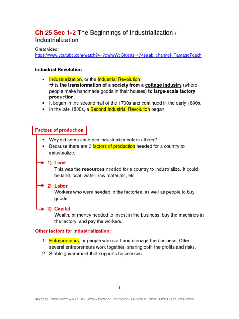 Industrialization (Chapter 25 Sec 1-2) - History Notes | PDF ...