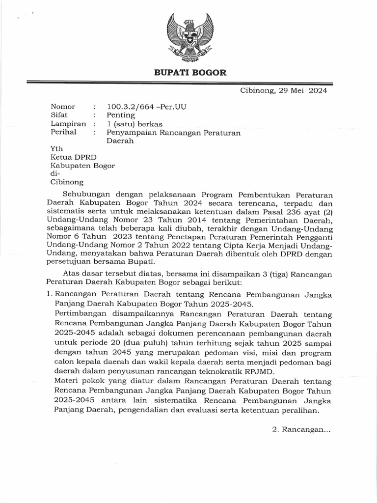 Surat Penyampaian Raperda RPJPD 2025-2045, BPRS, Sayaga Wisata | PDF