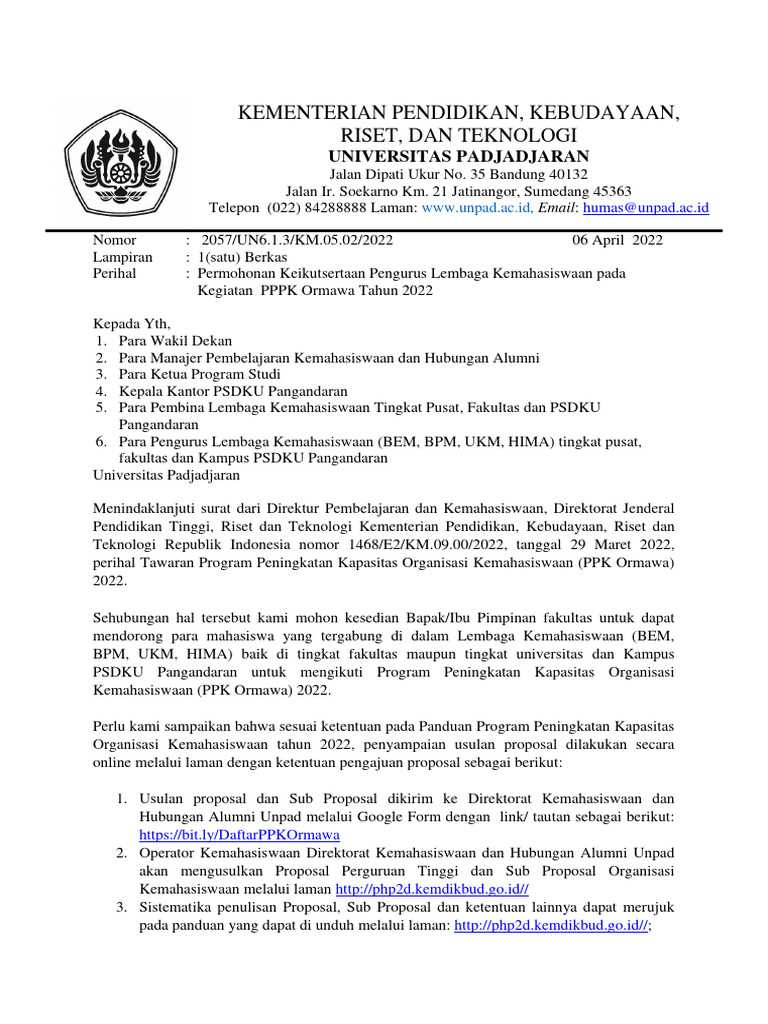 Surat Permohonan Keikutsertaan PPK Ormawa | PDF