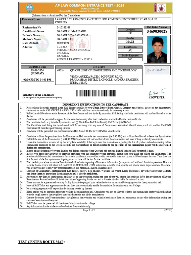 AP LAWCET - 2024 KUMAR | PDF | Identity Document