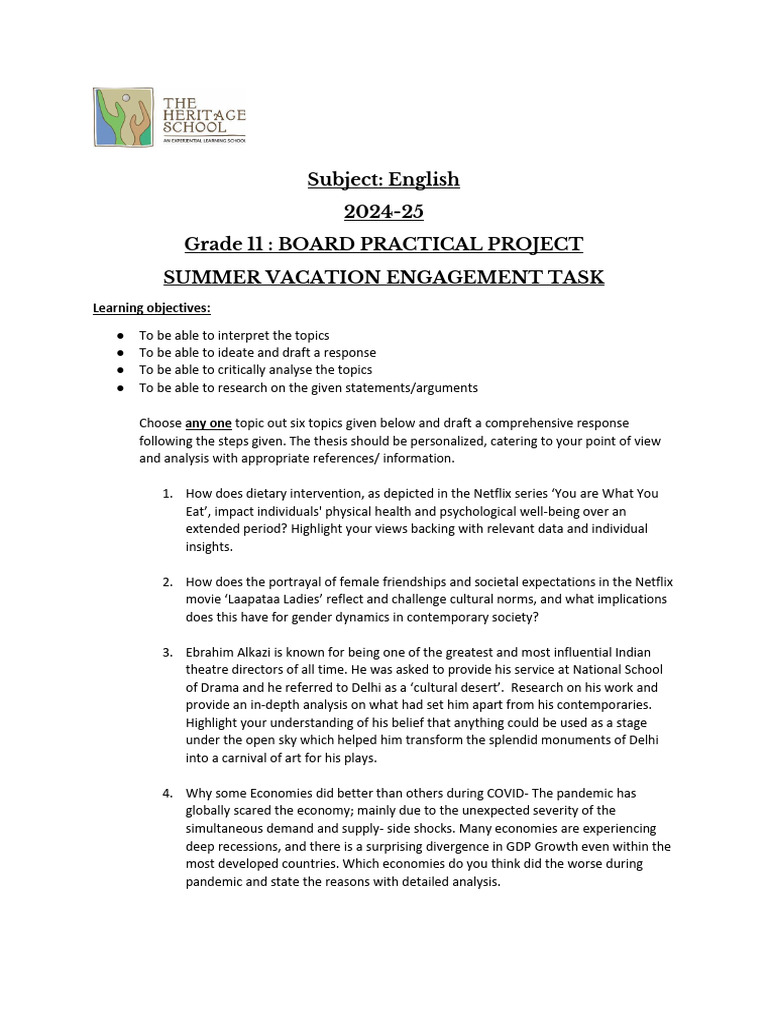 2024-25 English XI Summer Vacation Engagement | PDF | Essays