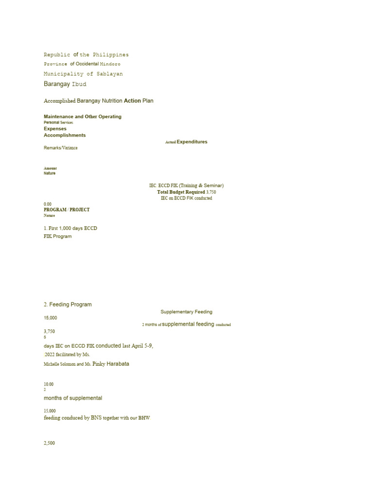 Sample Barangay Nutrition Action Plan (BNAP) | Download Free PDF ...