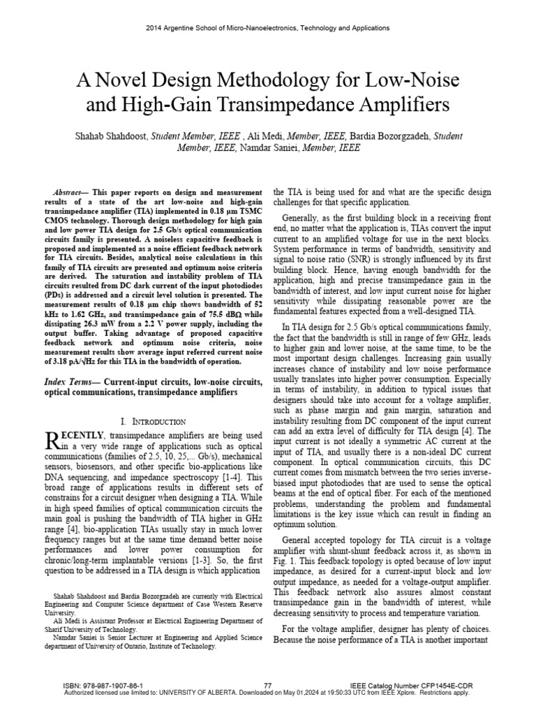 A Novel Design Methodology For Low-Noise and High-Gain Transimpedance Amplifiers | PDF ...