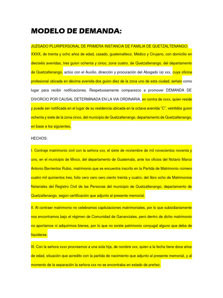 MODELO DE DEMANDA Mee | PDF | Divorcio | Instituciones sociales