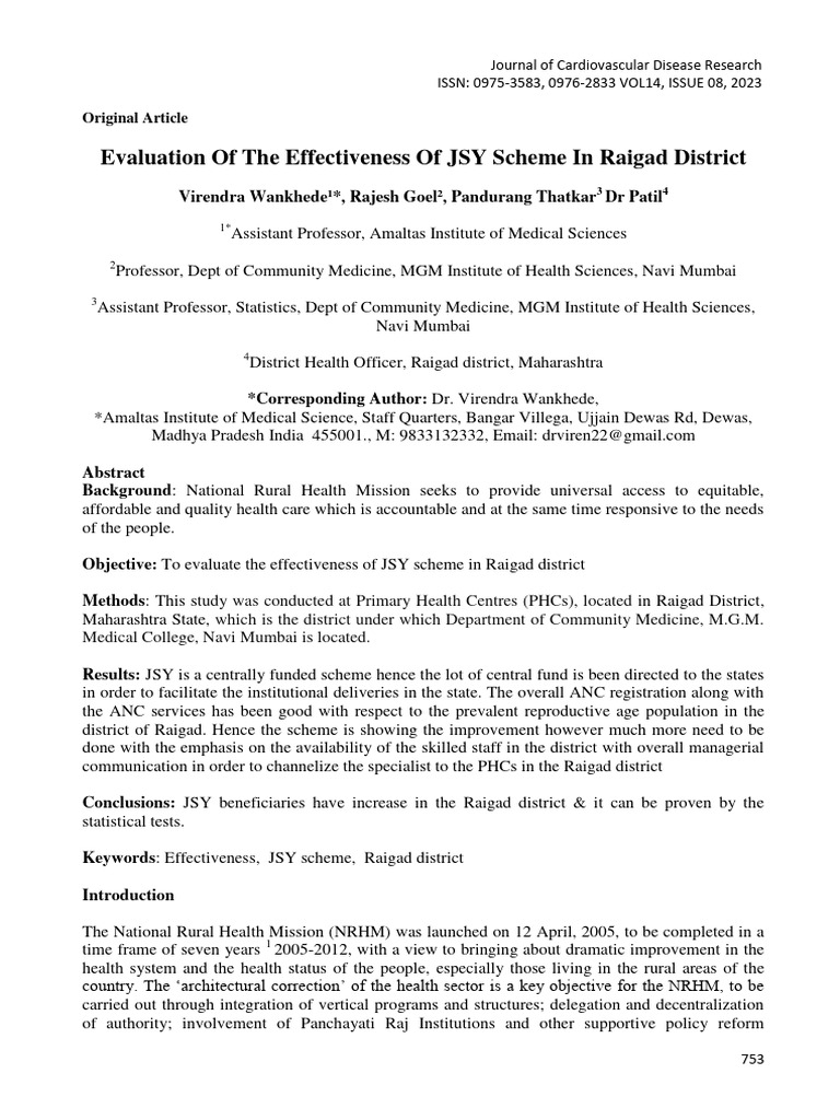Evaluation of The Effectiveness of JSY Scheme in Raigad District | PDF ...