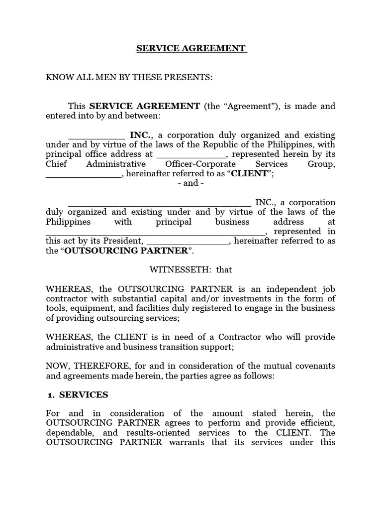 SERVICE AGREEMENT - Template2 | PDF | Employment | Outsourcing