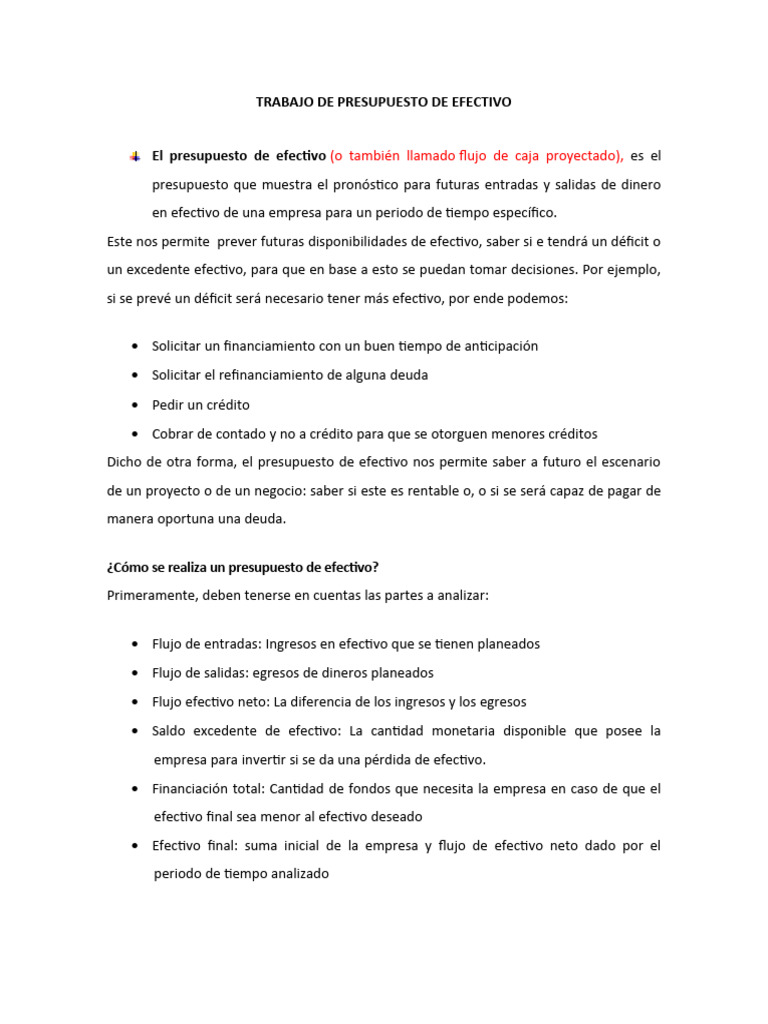 Trabajo de Presupuesto de Efectivo | PDF | Presupuesto | Estado financiero Trabajo de Presupuesto de Efectivo | PDF | Presupuesto | Estado financiero
