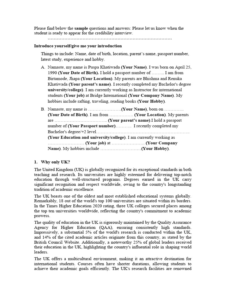 Uk Interview Pre Cas Question | PDF | University | Experience