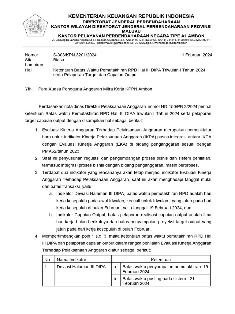 Ketentuan Batas Waktu Pemutakhiran RPD Hal III DIPA Triwulan I Tahun ... Ketentuan Batas Waktu Pemutakhiran RPD Hal III DIPA Triwulan I Tahun ...