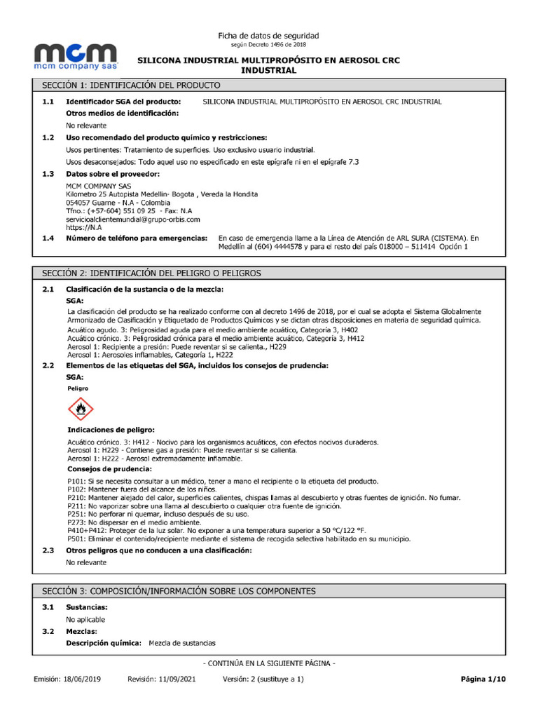 FDS Silicona Industrial Multip. Aerosol CRC Ind - Sga 2021 | PDF