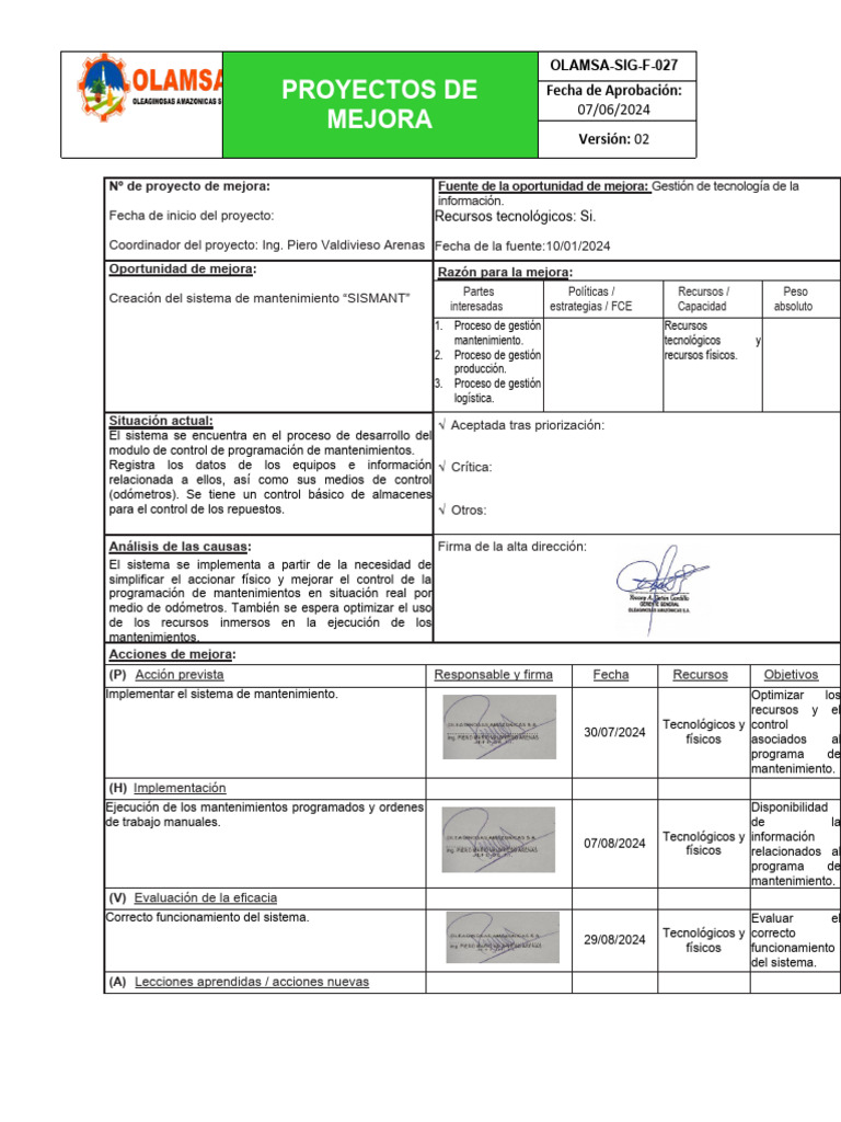 OLAMSA-SIG-F-027 Formato Proyecto de Mejora V.01 | PDF | Informática | Ciencias de la Computación