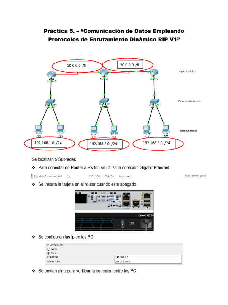 Practica 5 - Erutamiento Dinamico RIP | PDF | Dirección IP | Enrutador (Computación)