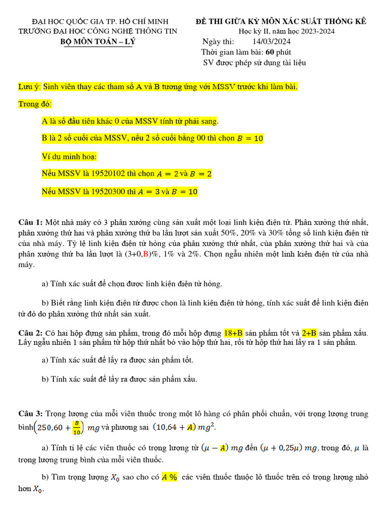 De Thi Giua Ky 2 Mon Xac Suat Thong Ke - Nam Hoc 2023-2024 - Lop MA005.O21.LT | PDF