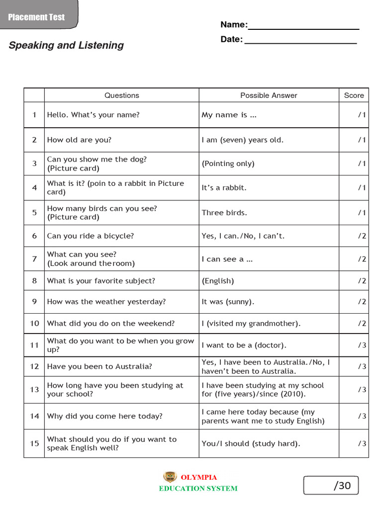 Placement Test: Speaking & Listening Skills | PDF