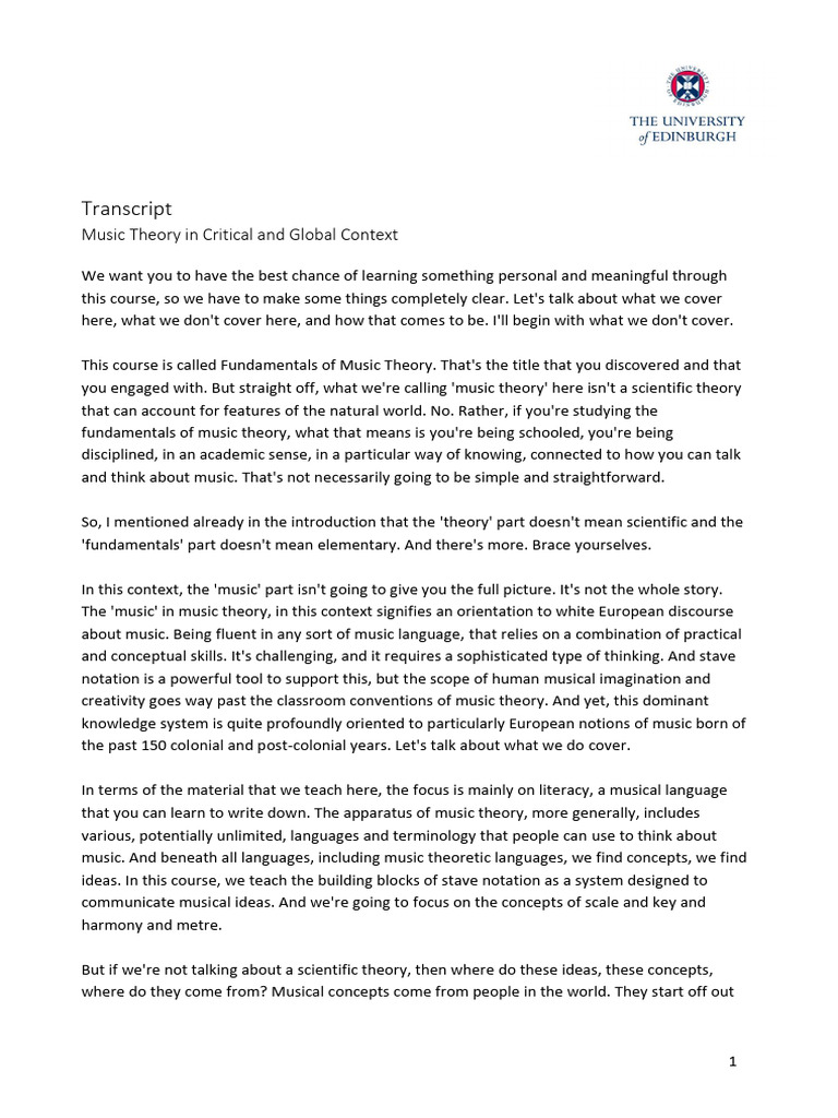 Music Theory in Critical and Global Context - Transcript | PDF | Music ...