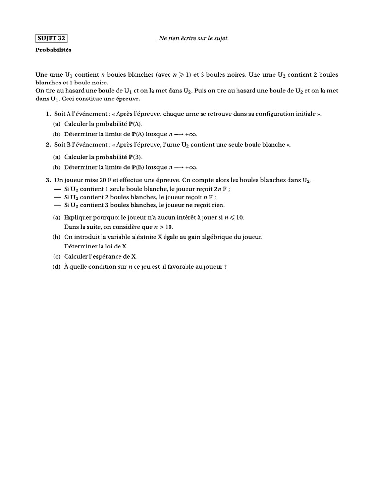 Probabilités Sujet 32 | PDF