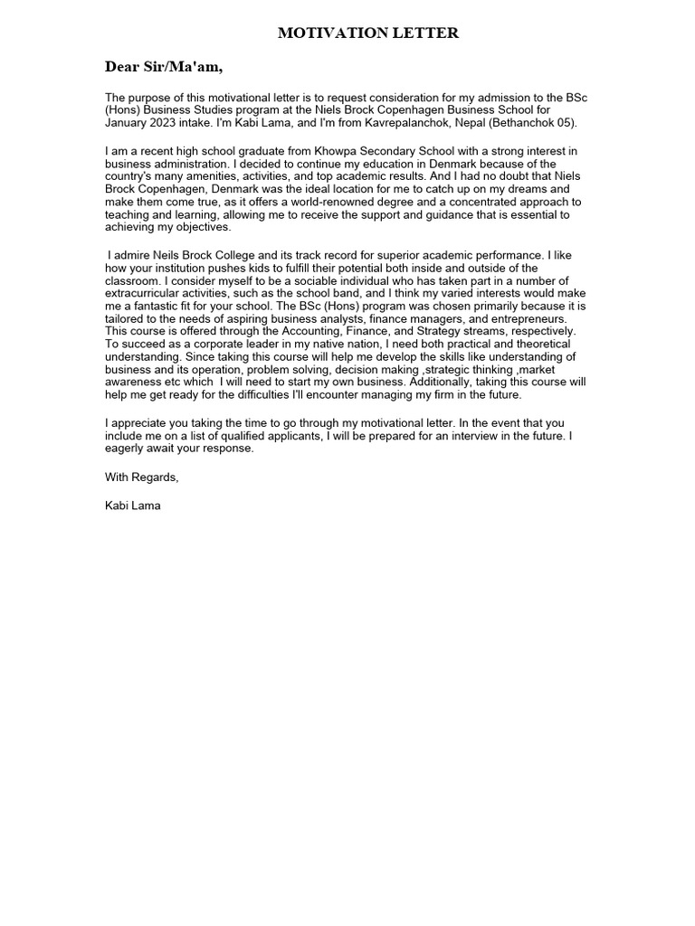 BSc Business Studies Motivation Letter | PDF
