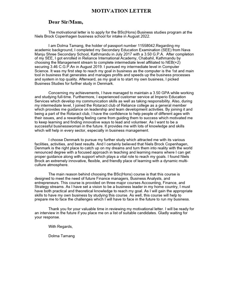 Motivational Letter of Dolma Tamang | PDF | Business | Behavior ...