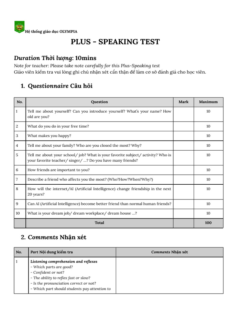 Secondary Speaking Placement Test | PDF