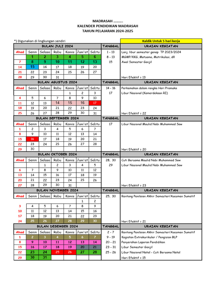 Kalender Pendidikan Madrasah 2024-2025 | PDF