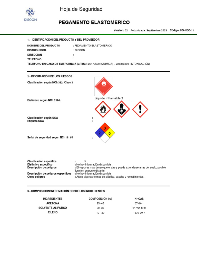 Hoja Seguridad Pegamento | Descargar gratis PDF | Agua | Solvente