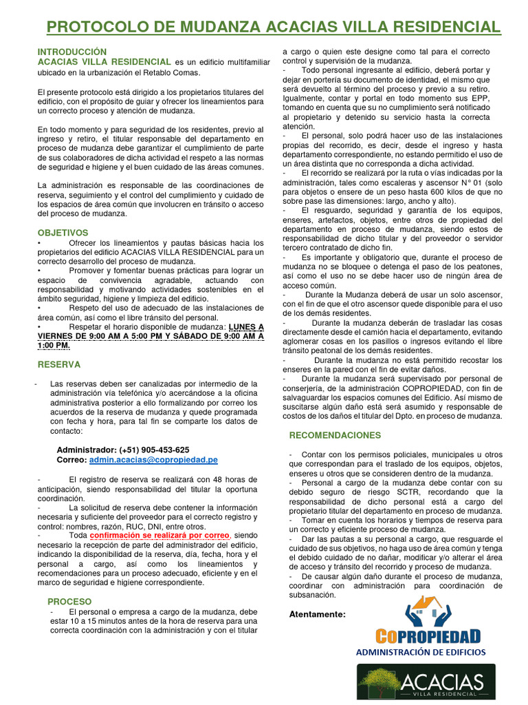 M.A.C Protocolo Mudanza - Acacias | PDF