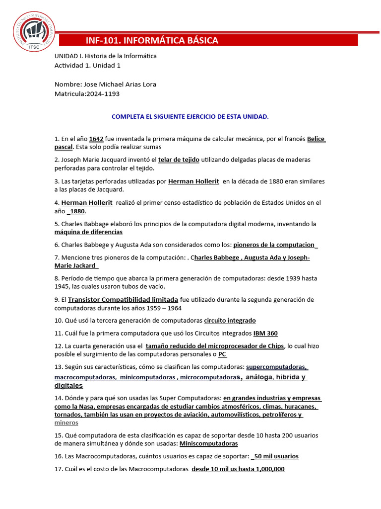 Unidad 1. Actividad 2. Ejercicio de Completa Informatica | PDF | Hardware de la computadora ...