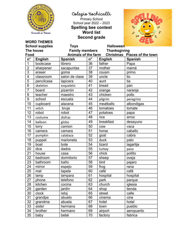 Spelling bee contest word list 2nd grade | PDF